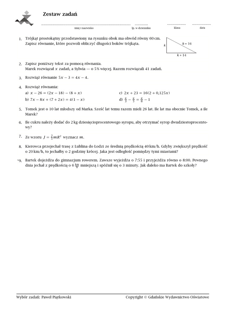 Równania Klasa VII Karta Pracy | PDF