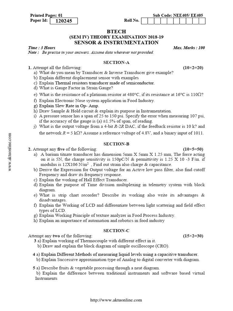 Btech Ee 4 Sem Sensor and Instrumentation Nee405 2019 | PDF | Resistor | Electromagnetism
