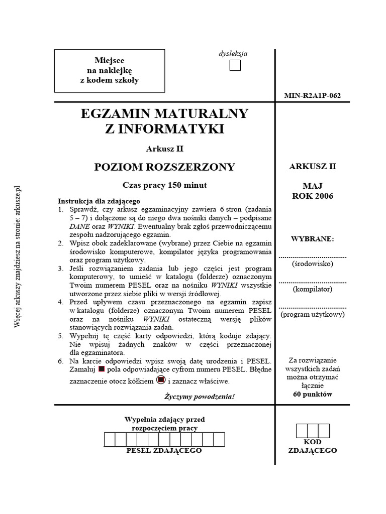 Informatyka 2006 Maj Matura Rozszerzona 2 | PDF