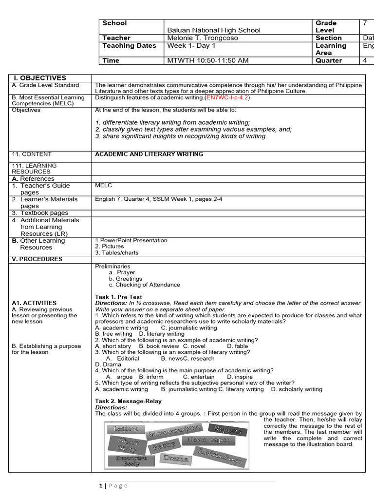 LP Print English 7 Quarter 4 Module Day 1 | PDF | Learning | Writing