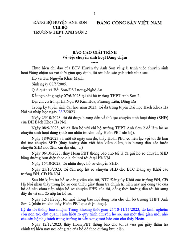 Báo cáo giải trình chuyển sinh hoạt đảng chậm-Mạnh | PDF