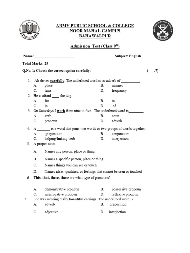 English Admission Test Class 9 | PDF | Pronoun | Adverb