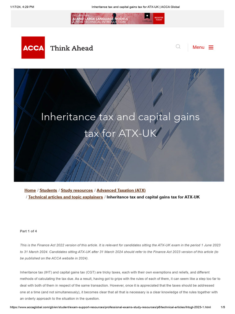 Inheritance Tax and Capital Gains Tax For ATX-UK - ACCA Global | PDF | Taxes | Capital Gains Tax