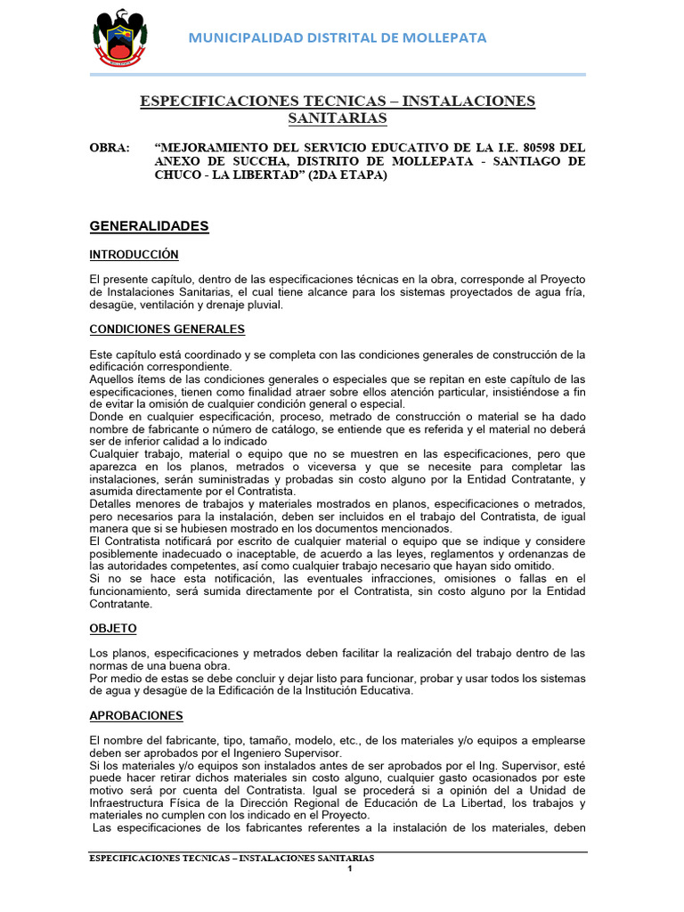 03.4. ESPECIFICACIONES TECNICAS DE INSTALACIONES SANITARIAS | PDF | Tubería (transporte de ...
