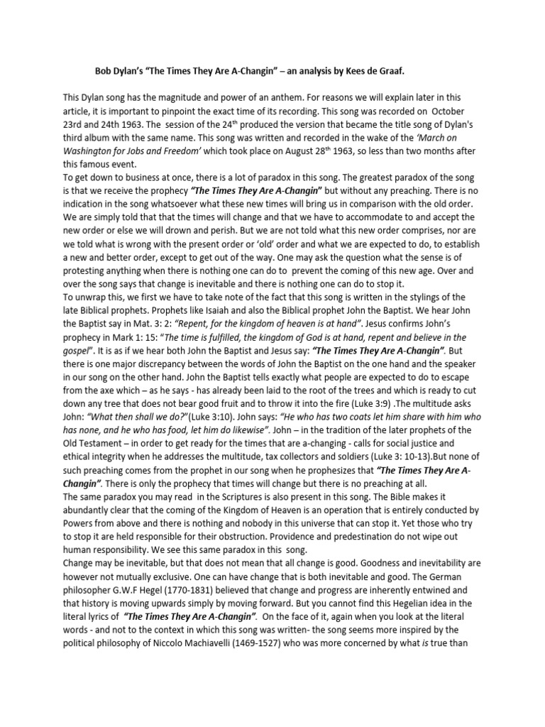 Bob Dylan's "The Times They Are A-Changin" - An Analysis by Kees de ...