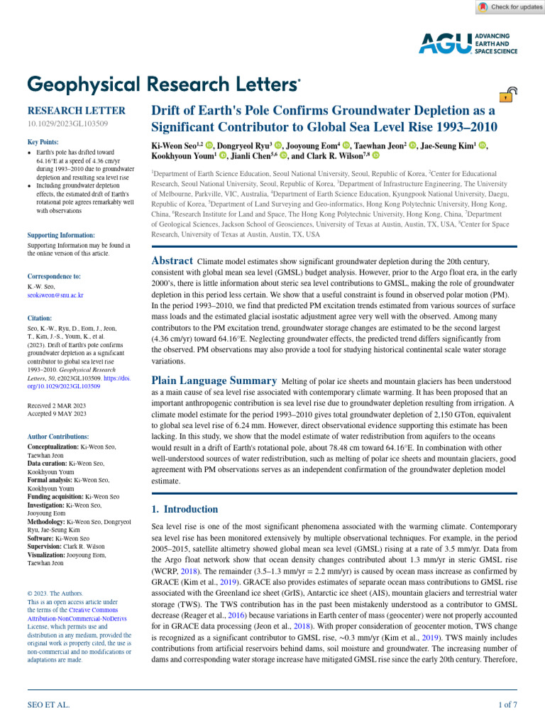 Geophysical Research Letters - 2023 - SEO - Drift of Earth S Pole ...