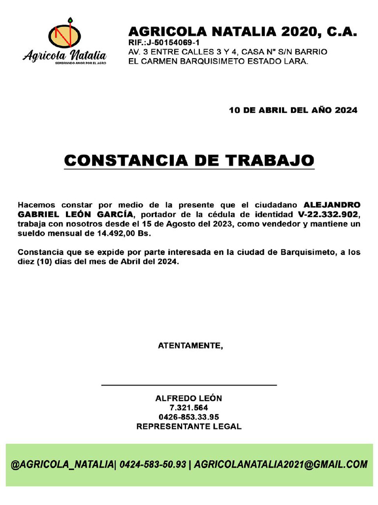 Agricola Natalia 2020 Constancia-1 | PDF