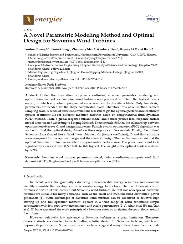 A Novel Parametric Modeling Method And Optimal Design For Savonius Wind Turbines Pdf Turbine