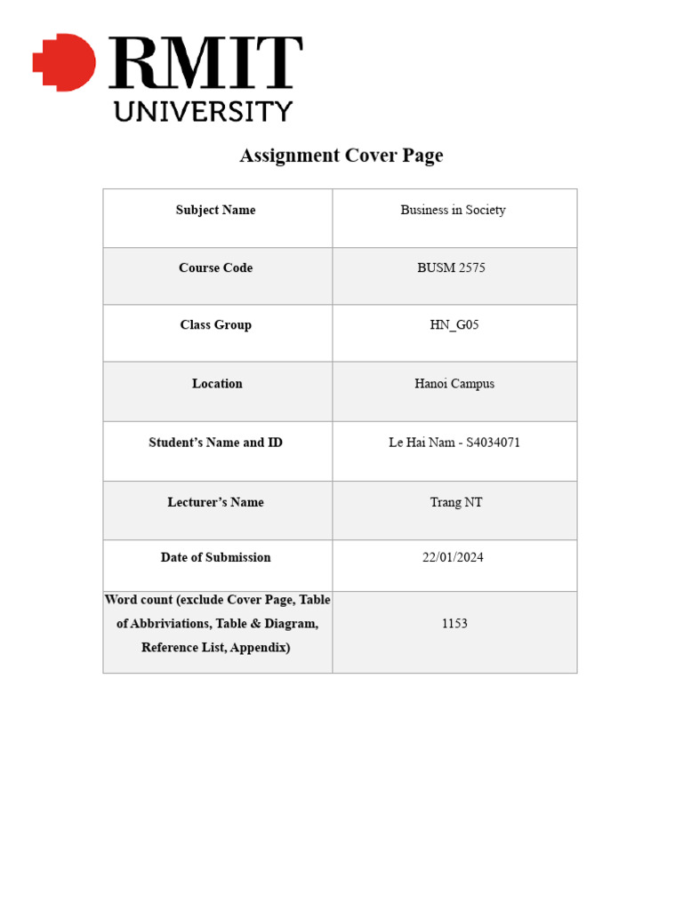 Assignment Cover Page | PDF