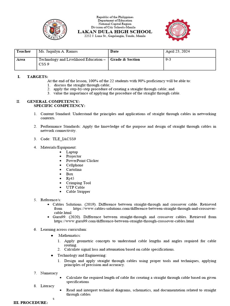 FINAL SEMI-DETAILED LESSON PLAN | PDF | Computer Network | Ethernet FINAL SEMI-DETAILED LESSON PLAN | PDF | Computer Network | Ethernet