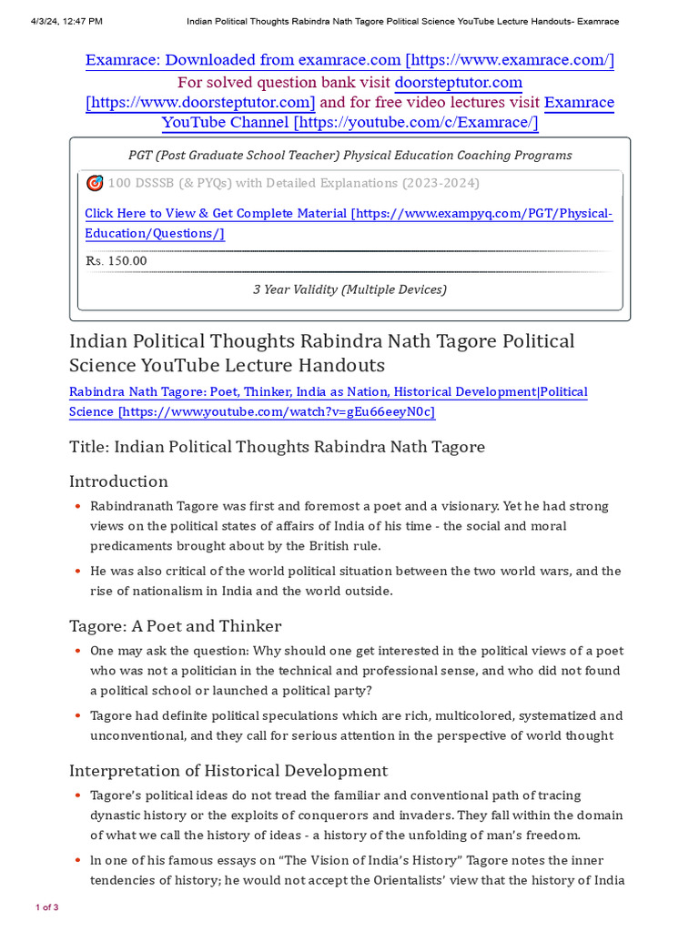 Tagore's Political Thoughts Explained | PDF | Rabindranath Tagore ...