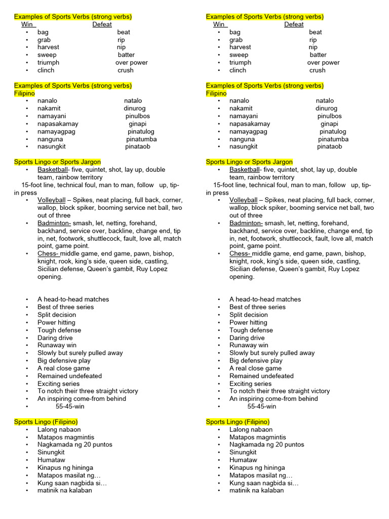 Strong Sports Verbs and Lingo Guide | PDF | Volleyball | Chess