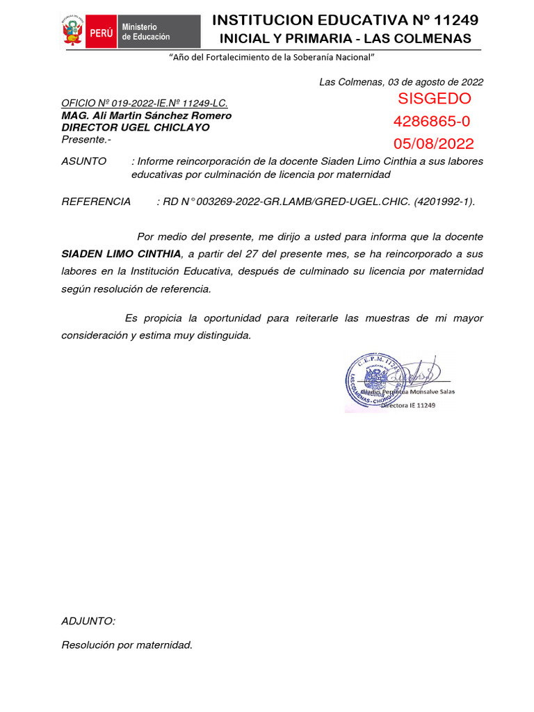 Oficio #019-2022 Informa Reincorporacion Docente Siaden Limo Cinthia Ie #11249 Las Colmenas | PDF