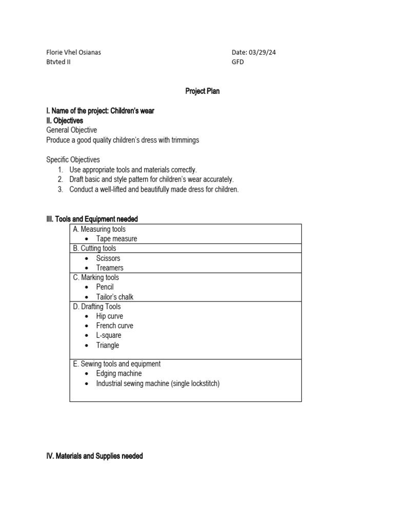 Children's Wear Project Plan | PDF | Sewing | Seam (Sewing)