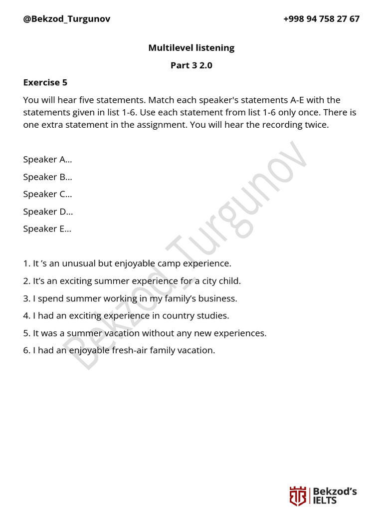 Multilevel Listening Part 3 2.0 - Exercise 5 | PDF