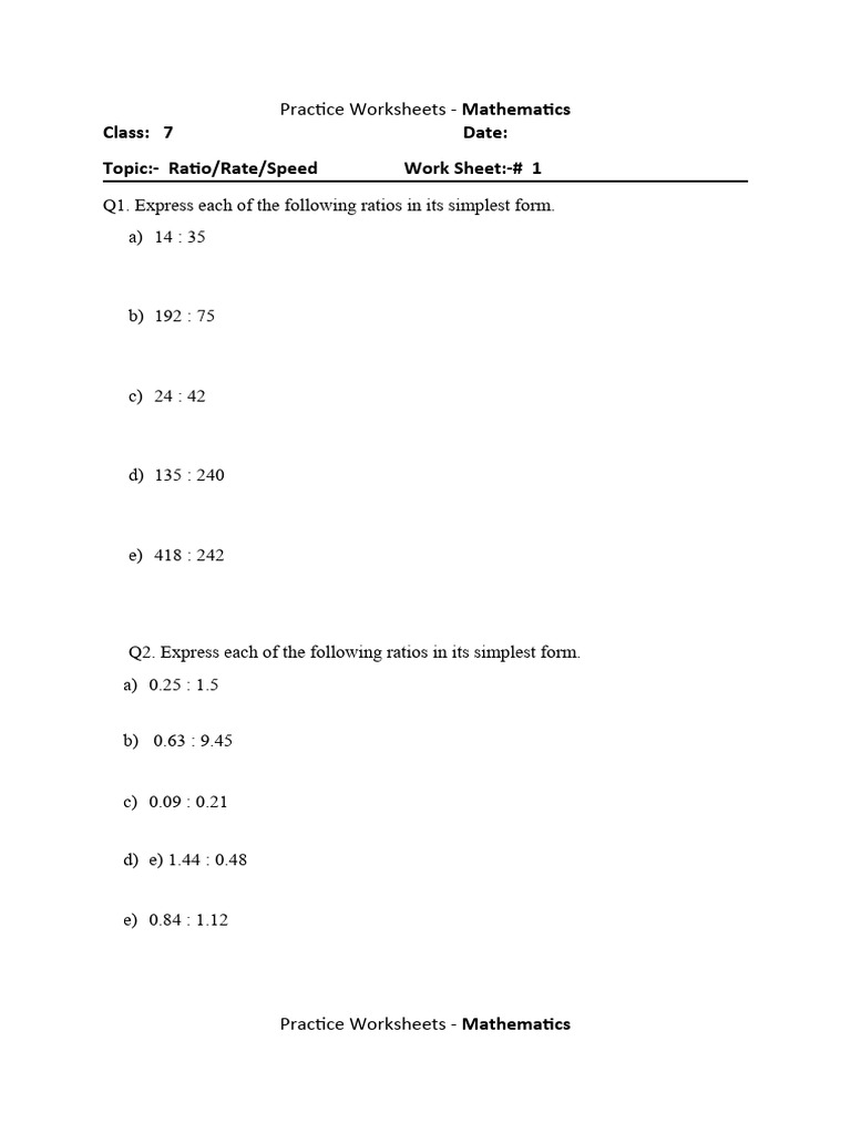 Class 7 Math Worksheets (Ratio Rate Speed) | PDF | Ratio