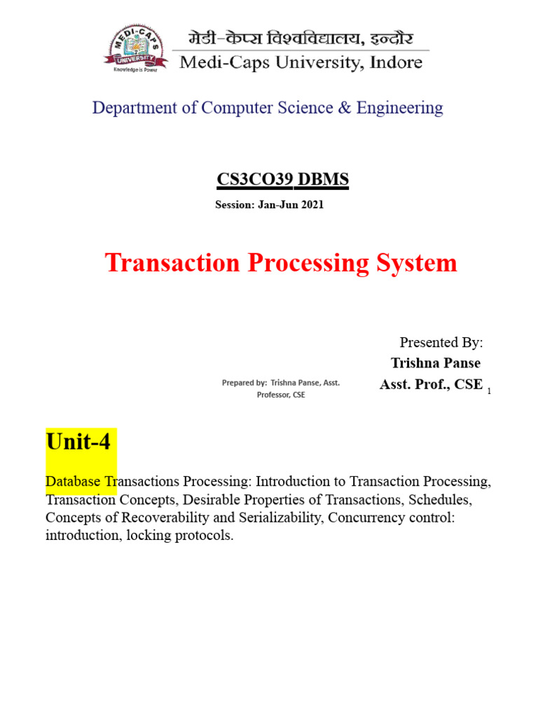 DBMS Unit-4 | PDF | Database Transaction | Acid DBMS Unit-4 | PDF | Database Transaction | Acid