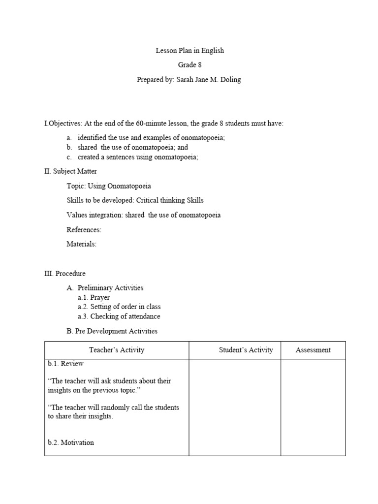 Lesson Plan in Onomatopoeia | PDF