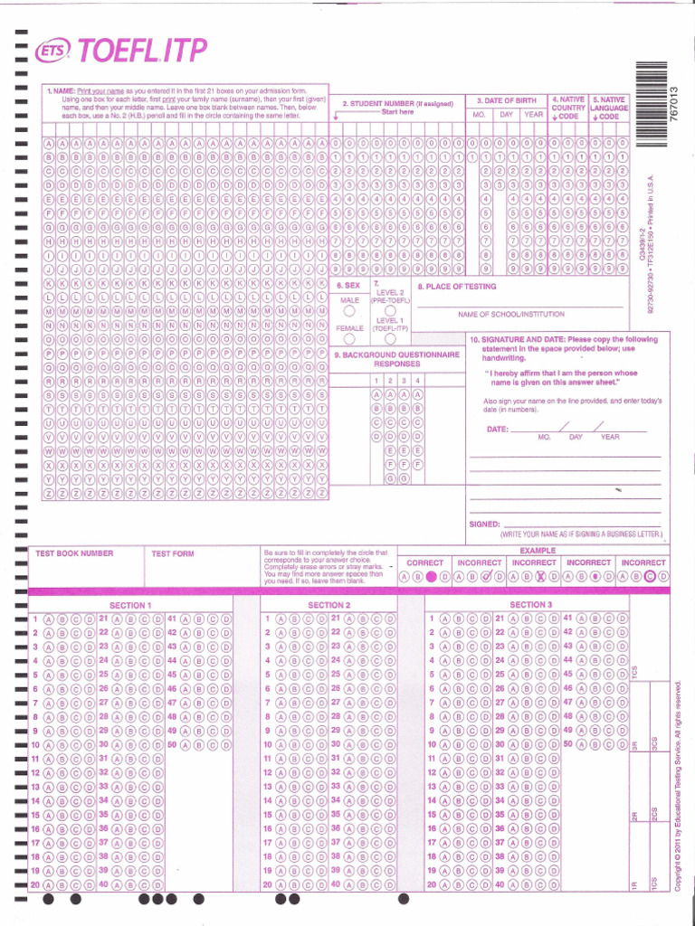 Answer Sheet TOEFL | PDF