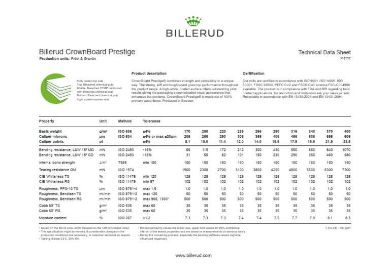 Billerud Crownboard Prestige Tech Data Sheet 2022.10.12 | PDF | Paperboard | Pulp (Paper)