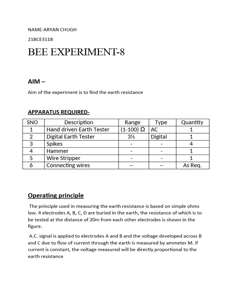 Bee Experiment-8: Apparatus Required | PDF | Electrical Resistance And ...