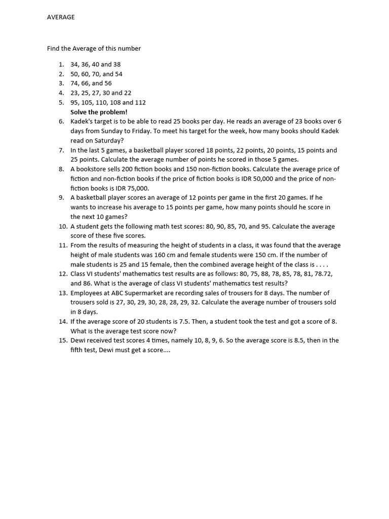 Grade 5 Average Math Worksheets | PDF