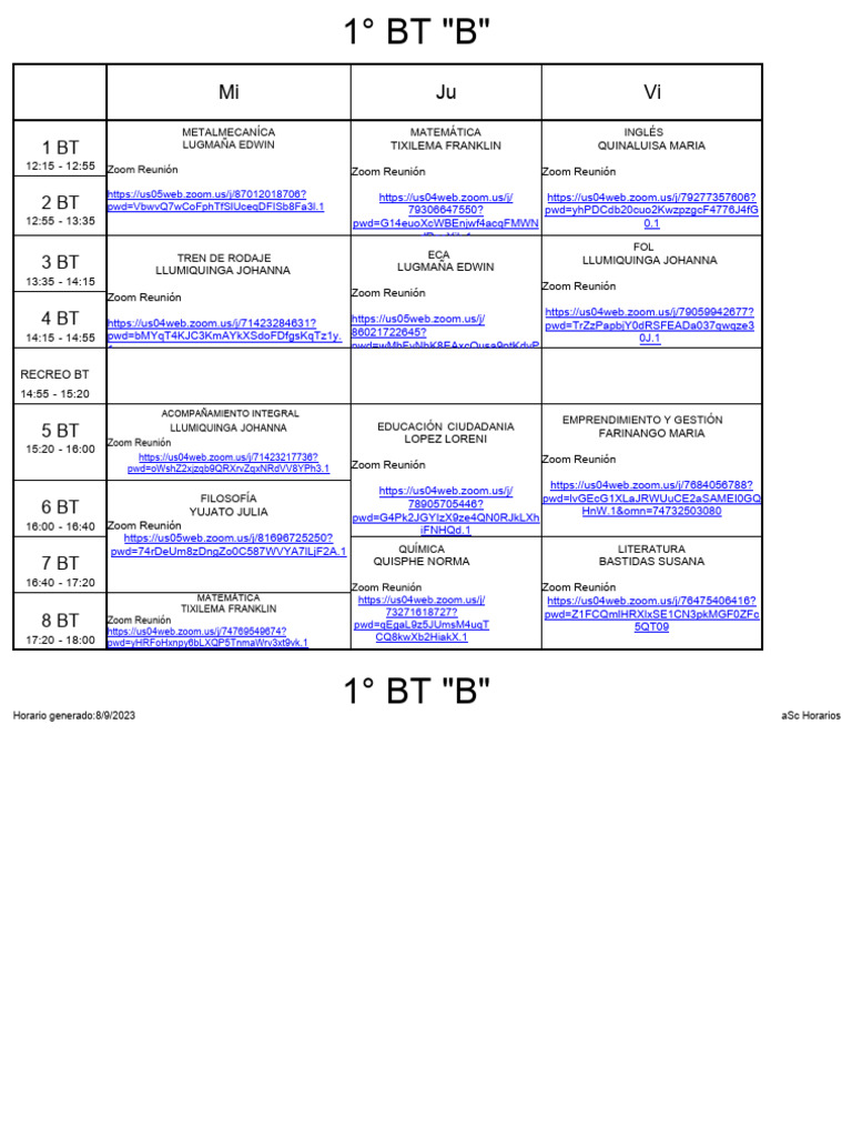 Horarios Primero BTB Link de Clases | PDF