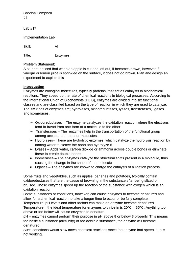 Biology Implementation Lab | PDF | Catalysis | Enzyme