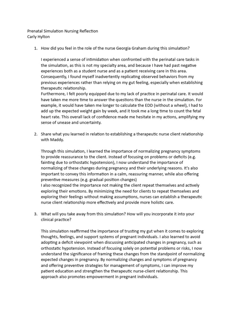 Prenatal Simulation Nursing Reflection - Carly Hylton | PDF | Pregnancy ...