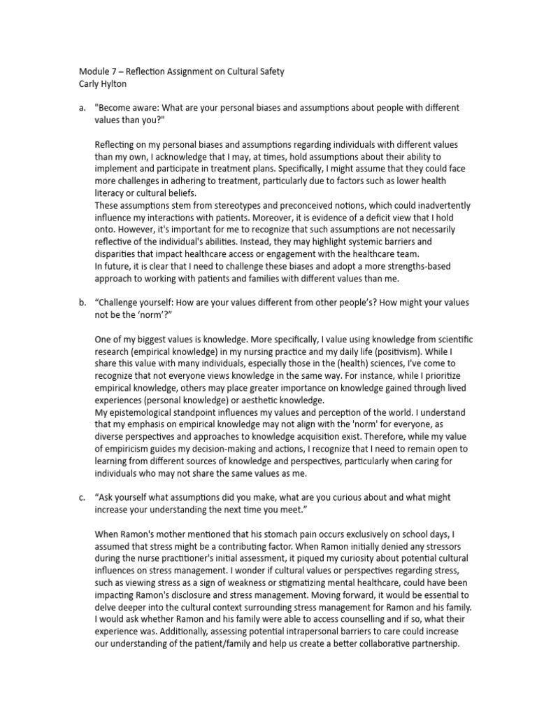 Module 7 Reflection On Cultural Safety - Carly Hylton | PDF | Knowledge | Stress Management