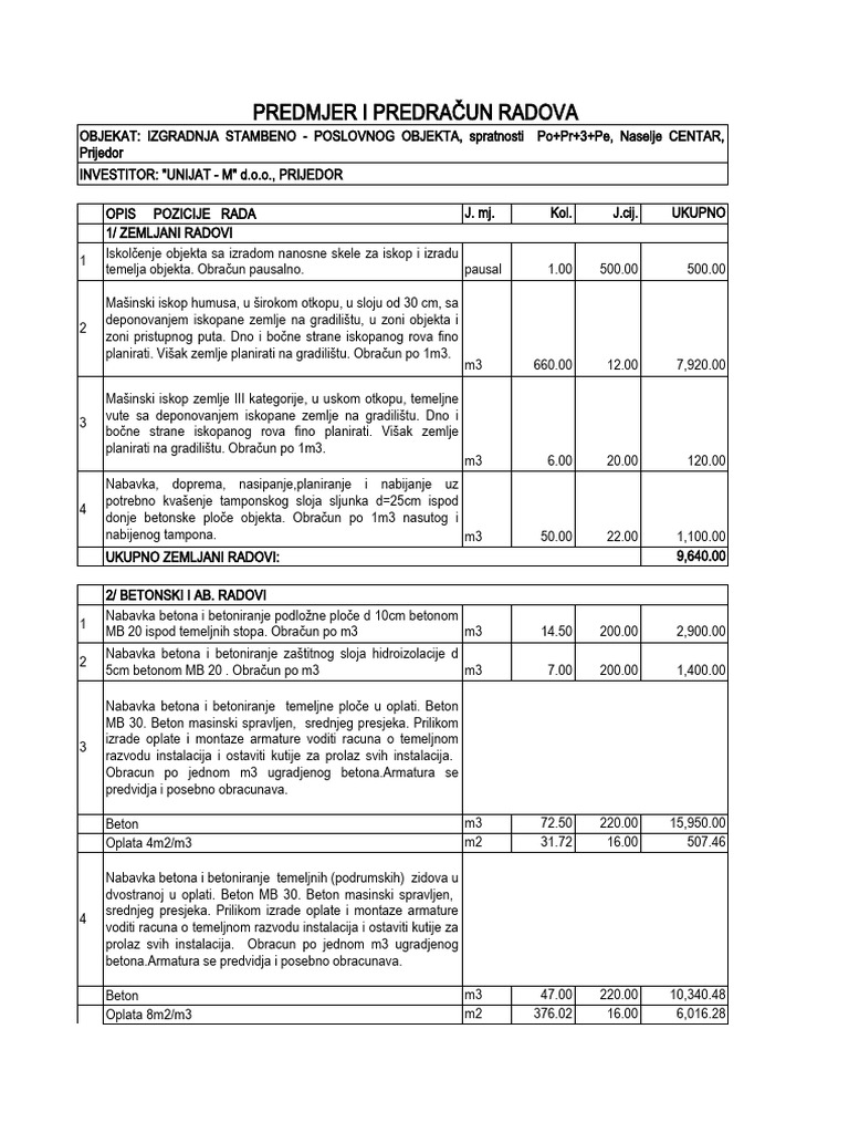 Predmjer I Predračun Radova - Unijat-M | PDF