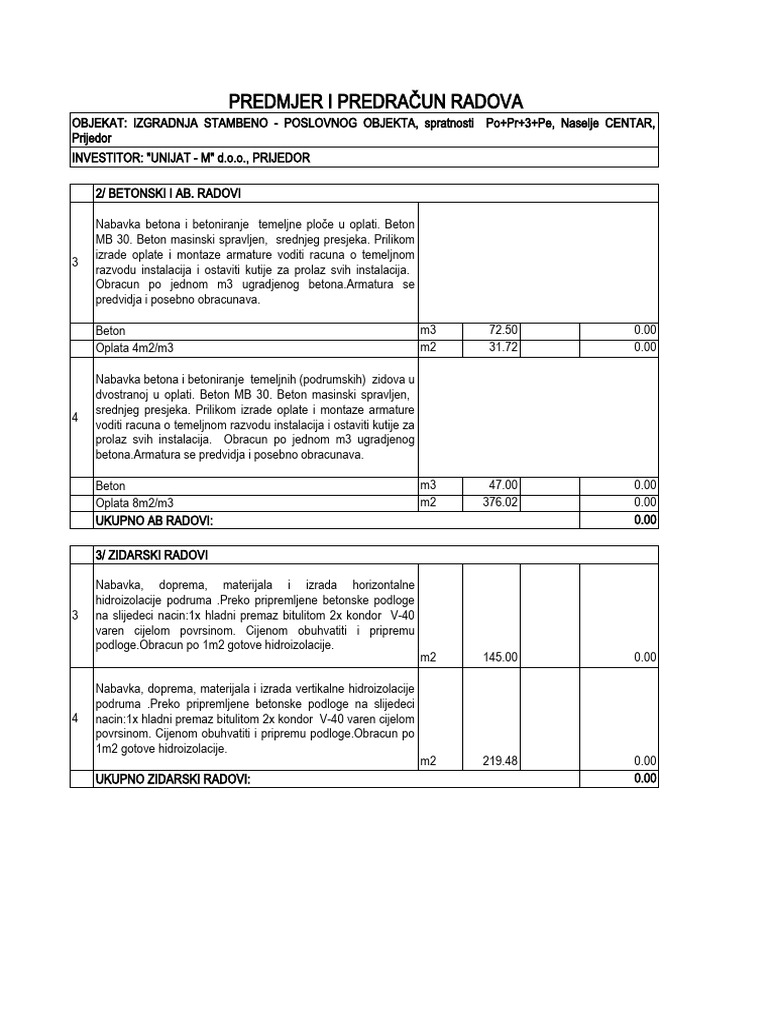 Predmjer Radova Za Podrum | PDF