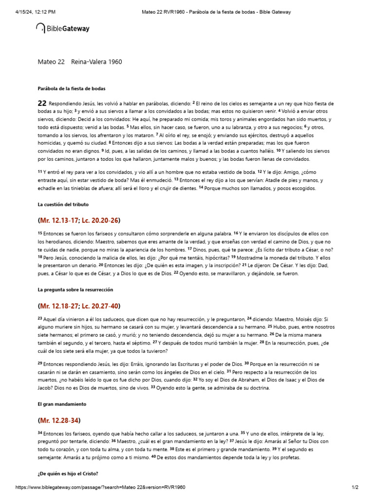 Mateo 22 RVR1960 - Parábola de La Fiesta de Bodas | PDF | Contenido del ...