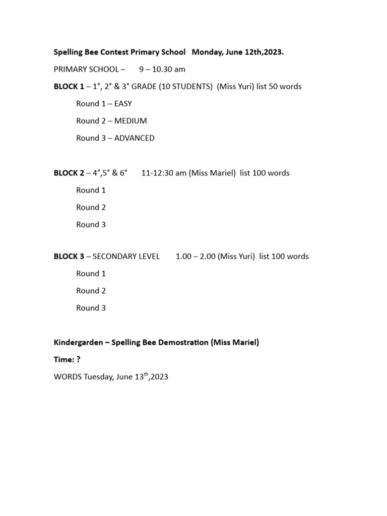 Primary School Spelling Bee Schedule | PDF