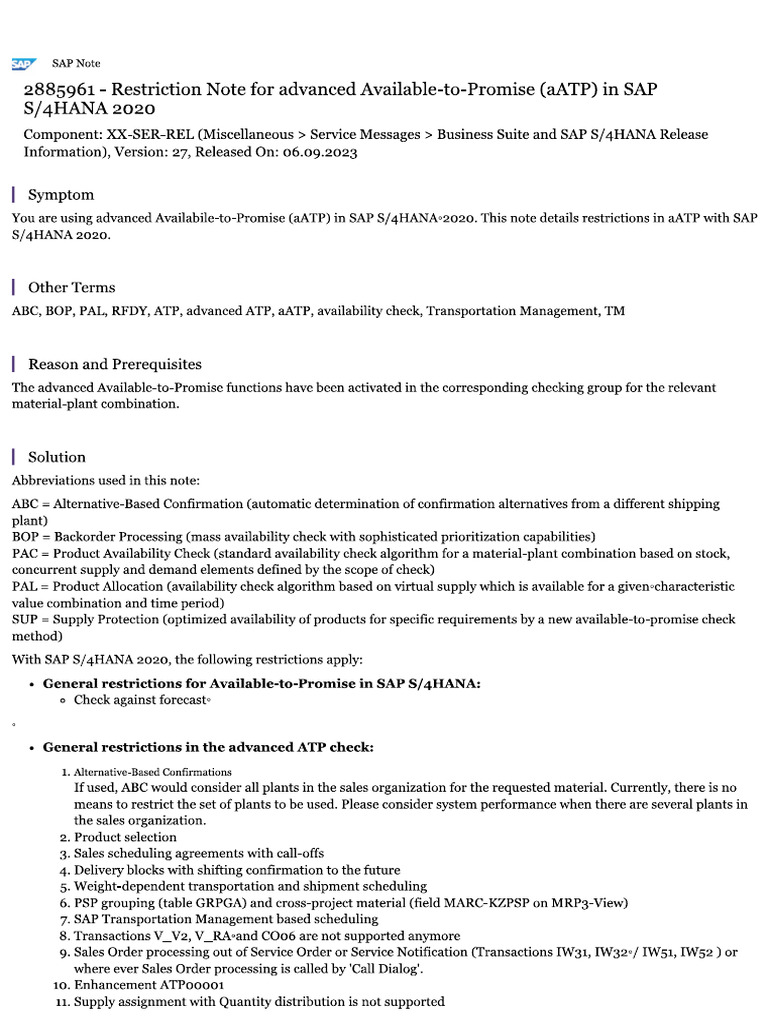 Restriction Note For Advanced Available-To-Promise (AATP) in SAP | PDF
