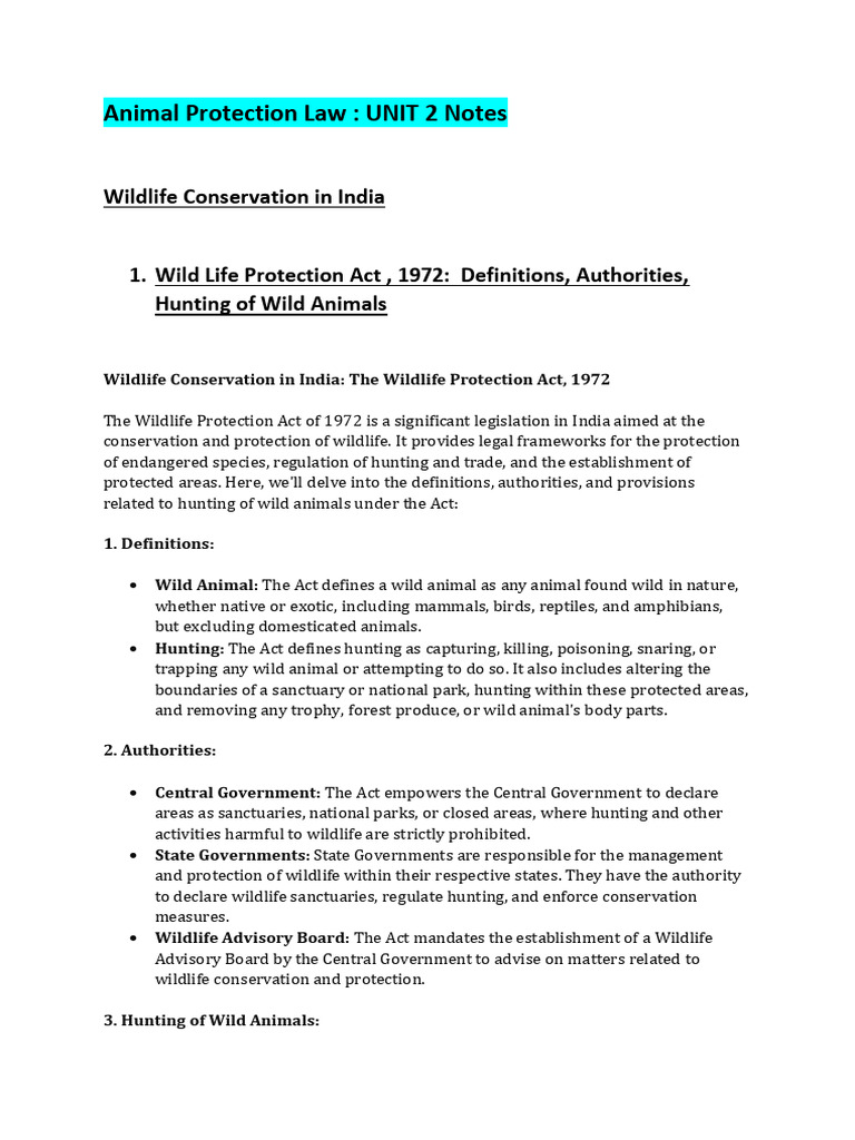 Animal Protection Law UNIT 2 Notes | PDF | Hunting | Conservation Biology