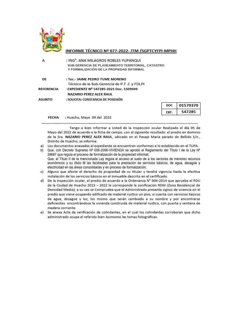 INFORME TEC. - 077 NAZARIO PEREZ ALEX RAUL. - Const. POSESION | PDF