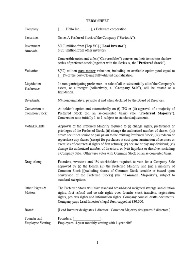 Y Combinator Termsheet Template | PDF | Preferred Stock | Stocks