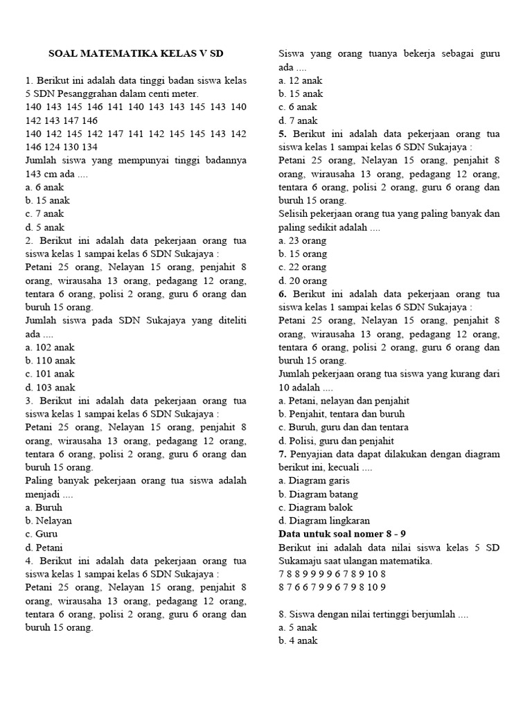 SOAL MATEMATIKA KELAS V SD DATA | PDF