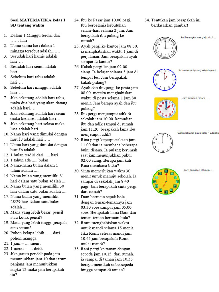 Soal MATEMATIKA Kelas 1 SD Tentang Waktu | PDF | Seni & Disiplin Bahasa | Agama & Spiritualitas