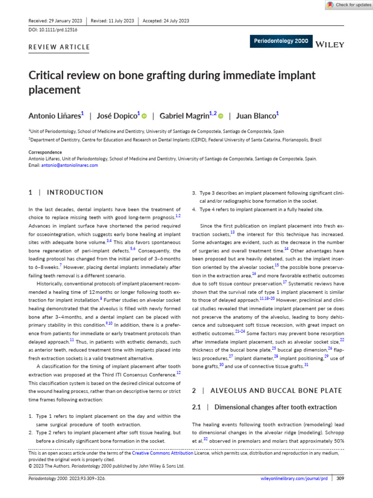 Periodontology 2000 - 2023 - Liñares - Critical Review On Bone Grafting ...