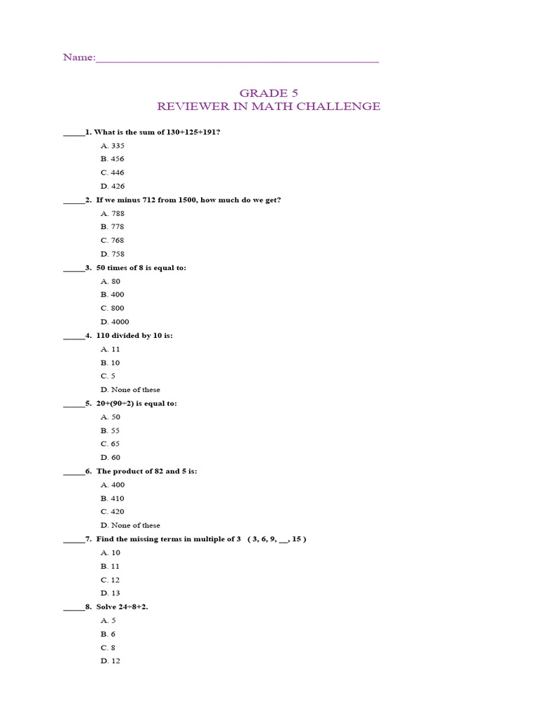 Reviewer- Maths Quiz Questions with Answers | PDF | Triangle | Area