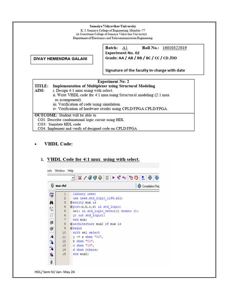 A1 16010322019 2 Hdl Mux Using Structural Modelling Pdf Hardware Description