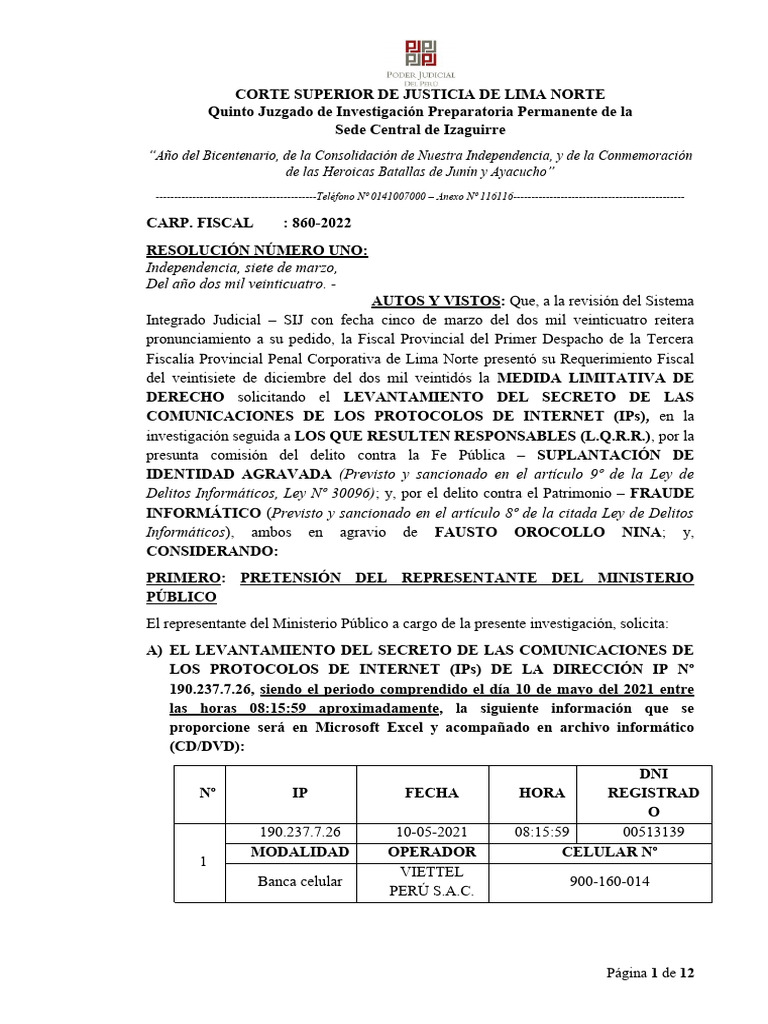Resol. Declara Procedente Levantamiento Del Secreto de Las Comunicaciones Del IP (Carp.860-2022 ...