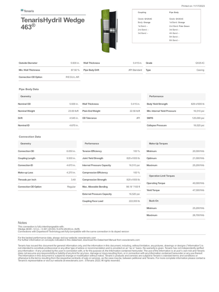 Tenarishydril Wedge 463: Pipe Body Data | PDF | Pipe (Fluid Conveyance ...