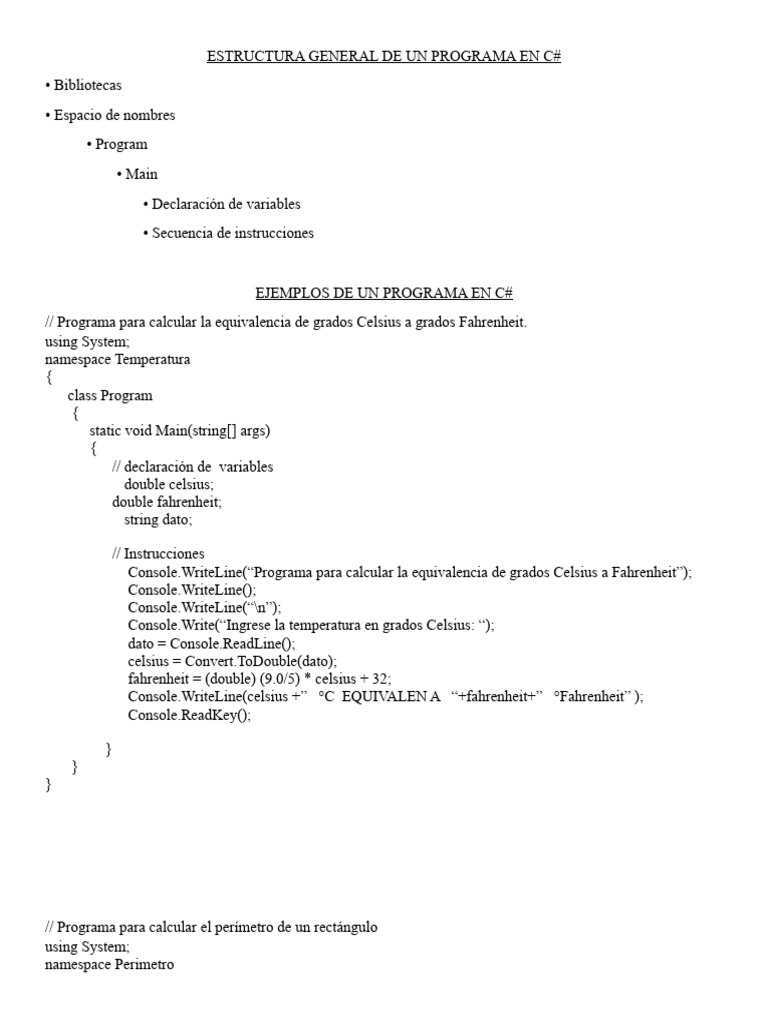 Estructura y Ejemplos de Programas en C# | PDF | Tecnología