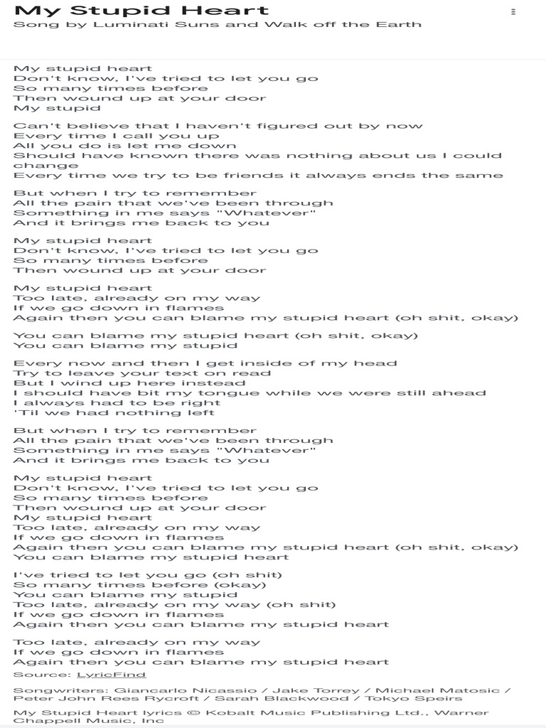 My Stupid Heart Lyrics | PDF