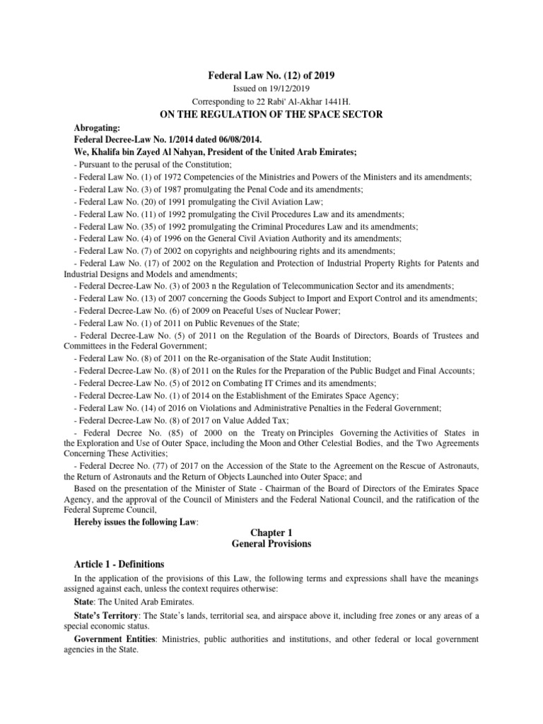 Federal Law No 12 of 2019 On THE REGULATION OF THE SPACE SECTOR - Pdf ...
