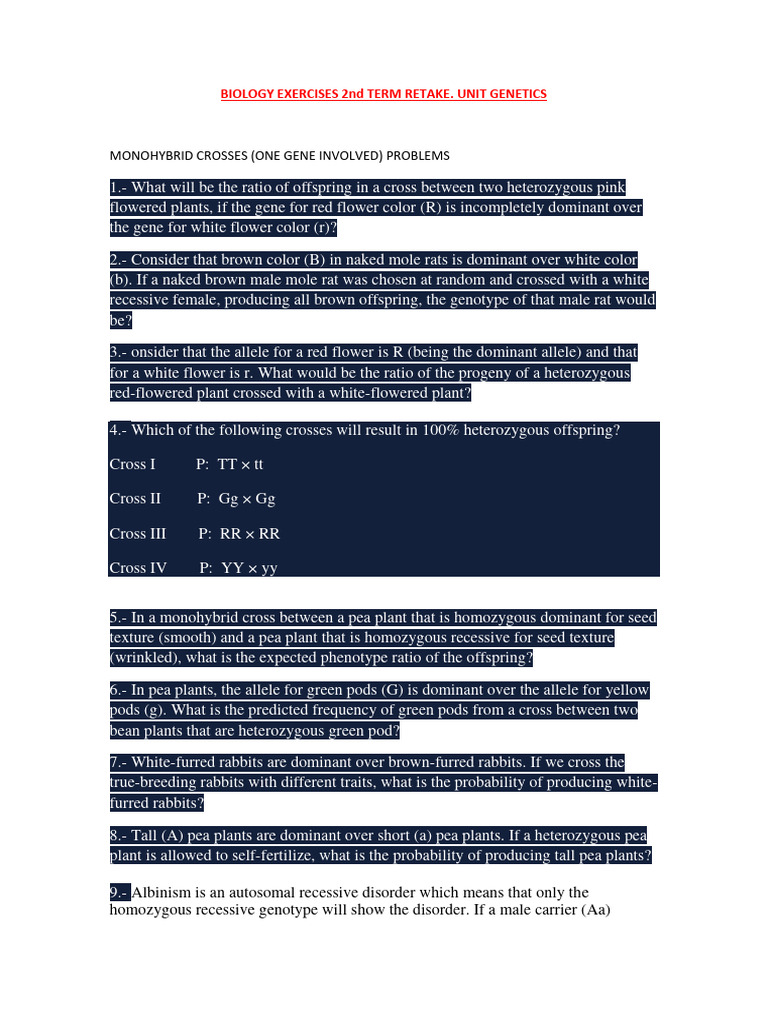 GENETICS EXERCISES 2nd TERM RETAKE 1 | PDF | Dominance (Genetics) | Zygosity