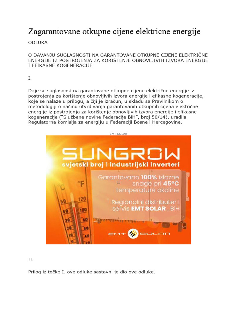 Zagarantovane Otkupne Cijene Elektricne Energije | PDF